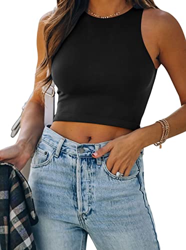 Women’s Sexy Sleeveless High Neck Racerback Cropped Tank Tops Cute Teen Girls Halter Neck Crop Tops Vest Black Small
