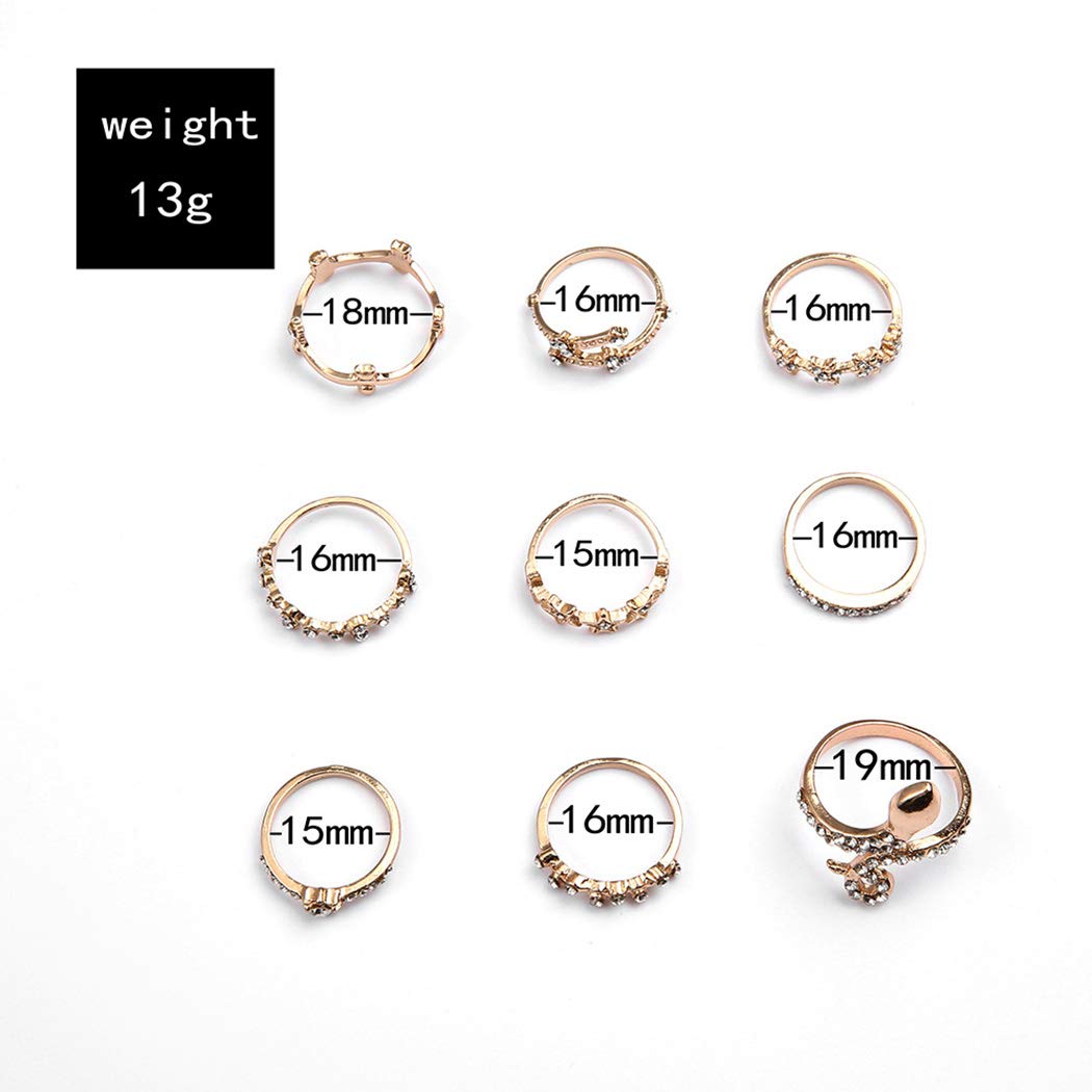 Ibliss Boho Rings Set Crystal Mid Joint Knuckle Rings Gold Snake Stackable Finger Rings Jewelry for Women and Girls 9PCS