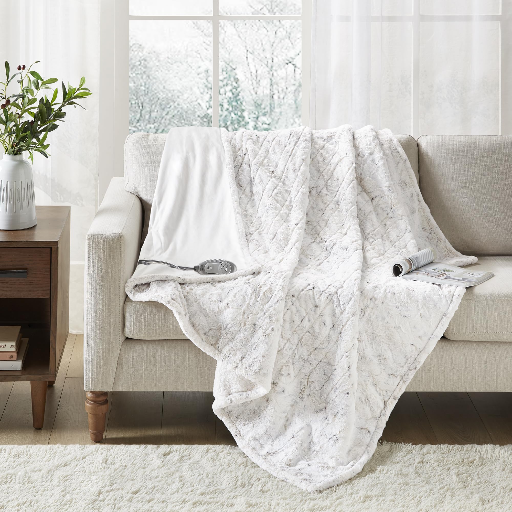 Hyde Lane Luxury Faux Fur Heated Throw Blanket | 50x60 Fuzzy Heating Blanket | Soft Snow Leopard Mink Reverse Electric Throw | 3 Heat Settings | Auto-Shutoff | Machine Washable