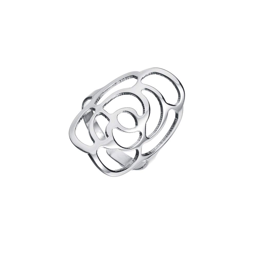 Houpotao Women's Rose Open Ring Adjustable Surgical Stainless Steel Novelty Flower Statement Ring (Rose Open Ring)