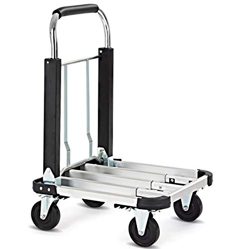 HWZQHJY Folding Aluminum Platform Truck, 4-Wheel Dolly Cart, Height and Length Adjustable, 330-lb Capacity, Silver