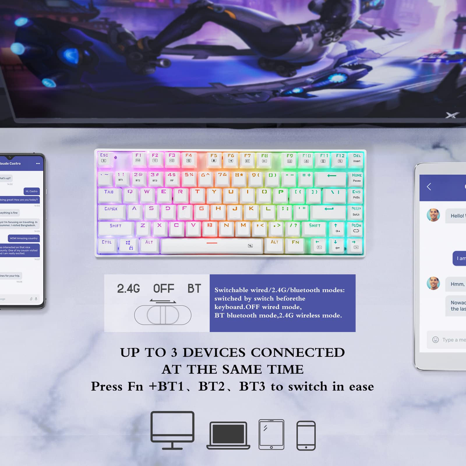 HUO JI Wireless RGB Mechanical Keyboard,Bluetooth/2.4Ghz/Wired Z-88 Gaming Keyboard with Clicky Blue Switches RGB LED Backlit 81 Keys Compact for Mac, PC, White