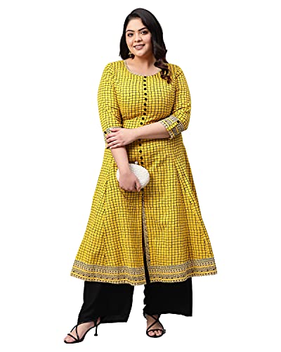 Yash Gallery Women's Cotton Slub Checks Print Anarkali Kurta (White)
