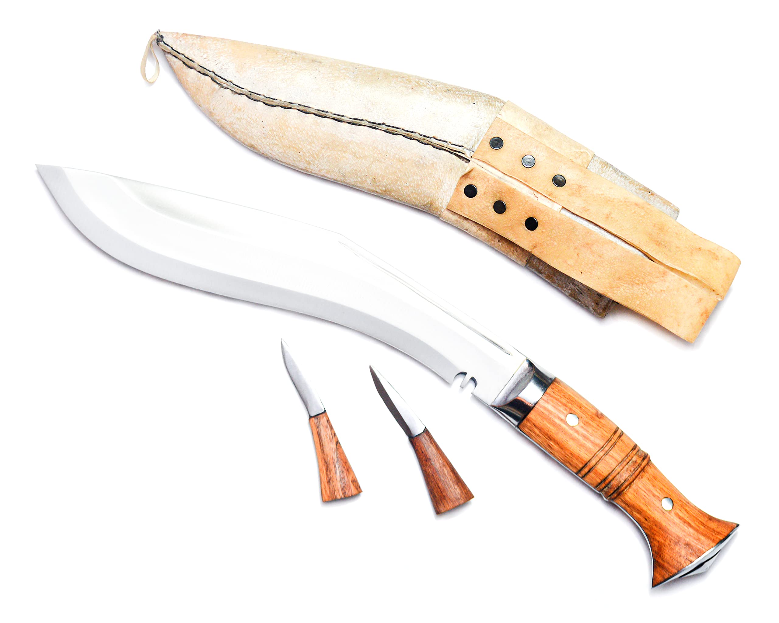MASUM 10” Blade Operation Kukri, Panawal Full Tang Gurka Khukri, Double Fuller Sharp Blade Khukuri, Beige Leather Scabbard w/ 2 extra utility knives, Handmade in Nepal Khukri