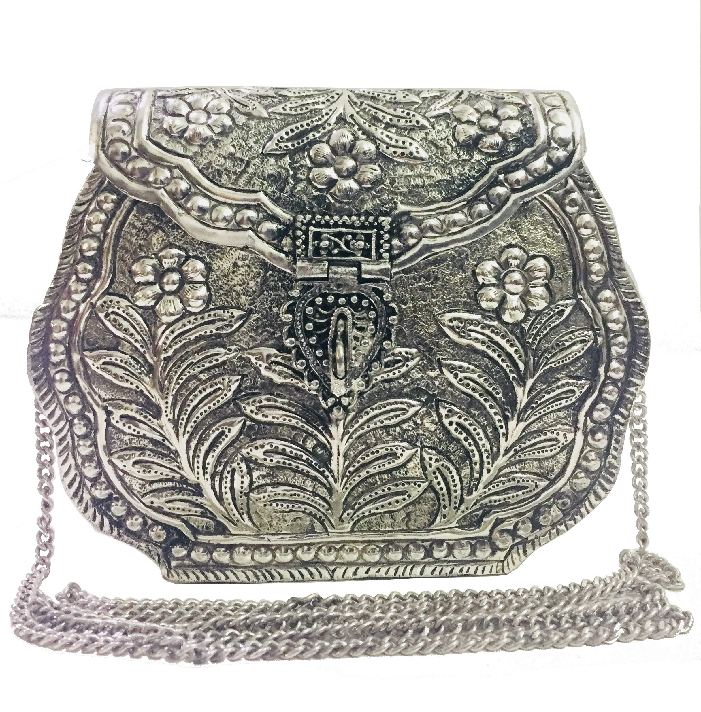 Indian Vintage Brass silver clutch Purse antique Ethnic Handmade Women metal white wallet