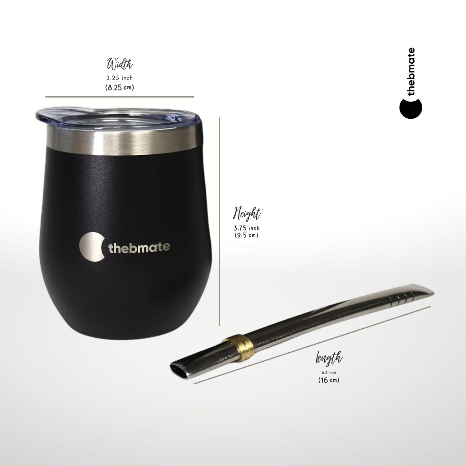 thebmate Classic Yerba Mate Set β Double Walled Stainless Steel Mate Cup β Mate Gourd with Spill Resistant Lid, Bombilla Straw and Cleaning Brush (8 oz) (Pure Black)