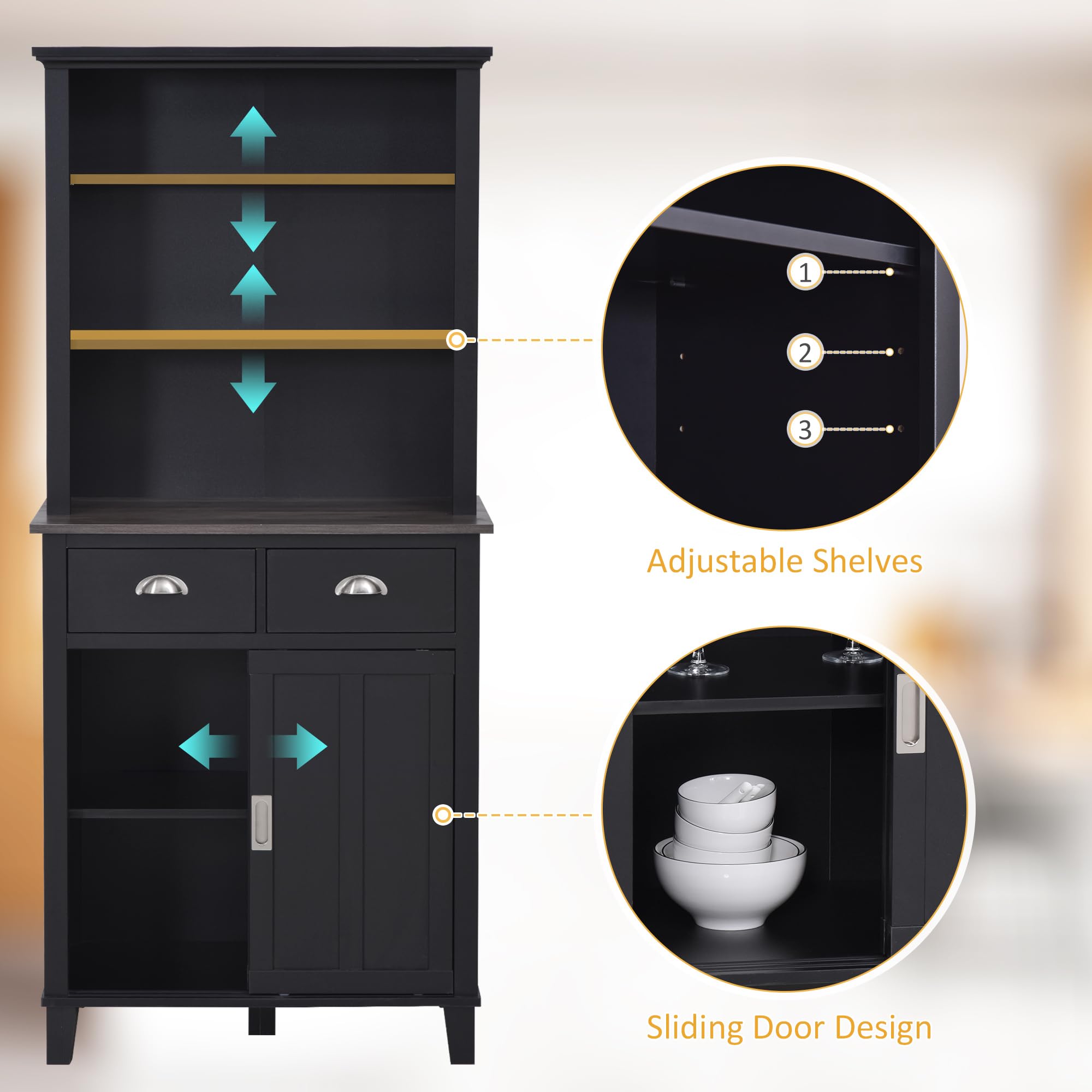HOMCOM 67" Freestanding Buffet with Hutch, Kitchen Pantry Storage Cabinet with Sliding Doors, Drawers and Open Shelves, Adjustable Shelving, Black