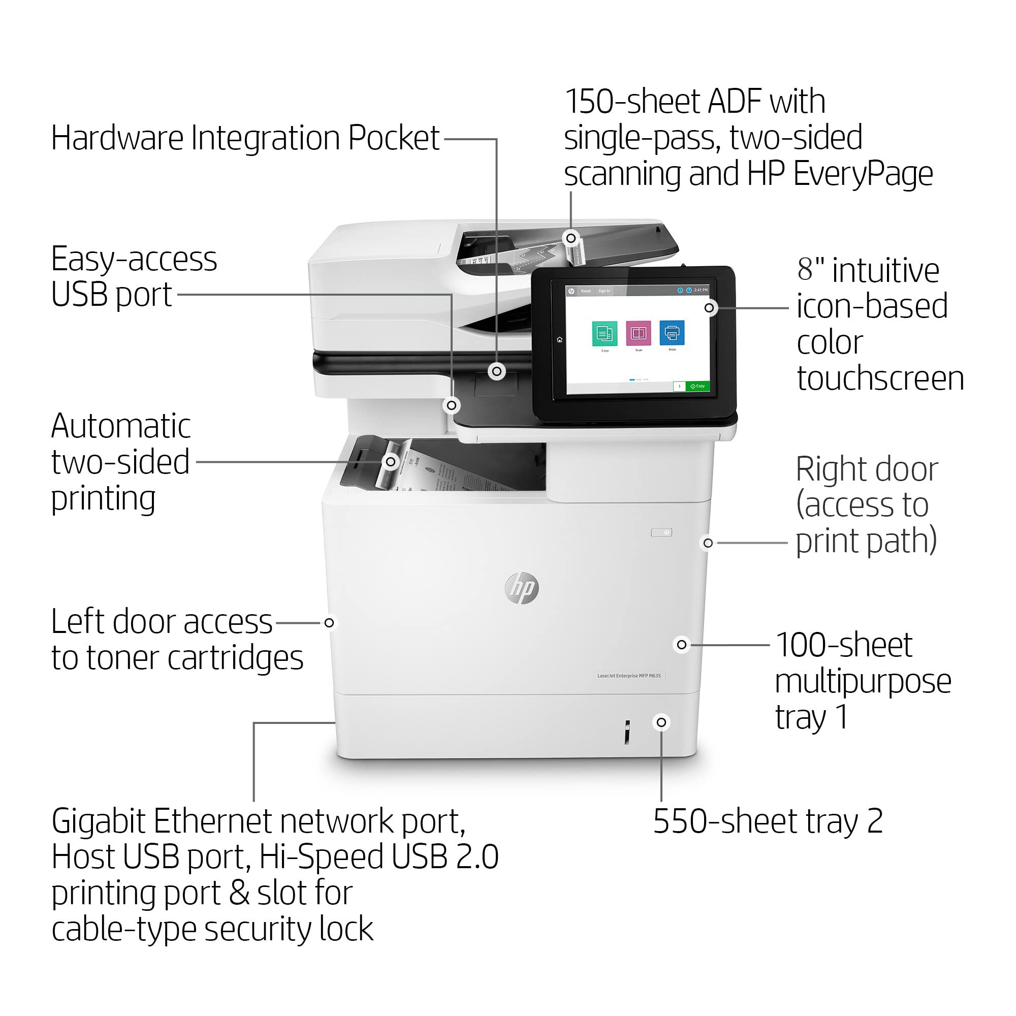 HP LaserJet Enterprise MFP M635h All-In-One Wireless Monochrome Laser Printer - Print Scan Copy Fax - 65 ppm, 1200 dpi, 8" Display, Auto Duplex Printing, 150-sheet ADF, Ethernet, Cbmou External Webcam