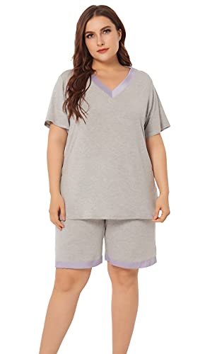 ZERDOCEAN Women's Plus Size Sleepwear Pajama Set Short Sleeve with Shorts Nightwear Two-piece Pj Lounge Sets Lightgray 4X