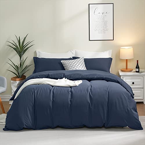 Yastouay Duvet Cover Set Twin Size Soft and Comforter Duvet Cover 100% Washed Microfiber Duvet Covers with Zipper Closure and Corner Ties Bedding Cover Set (68x90 inches, Navy Blue)