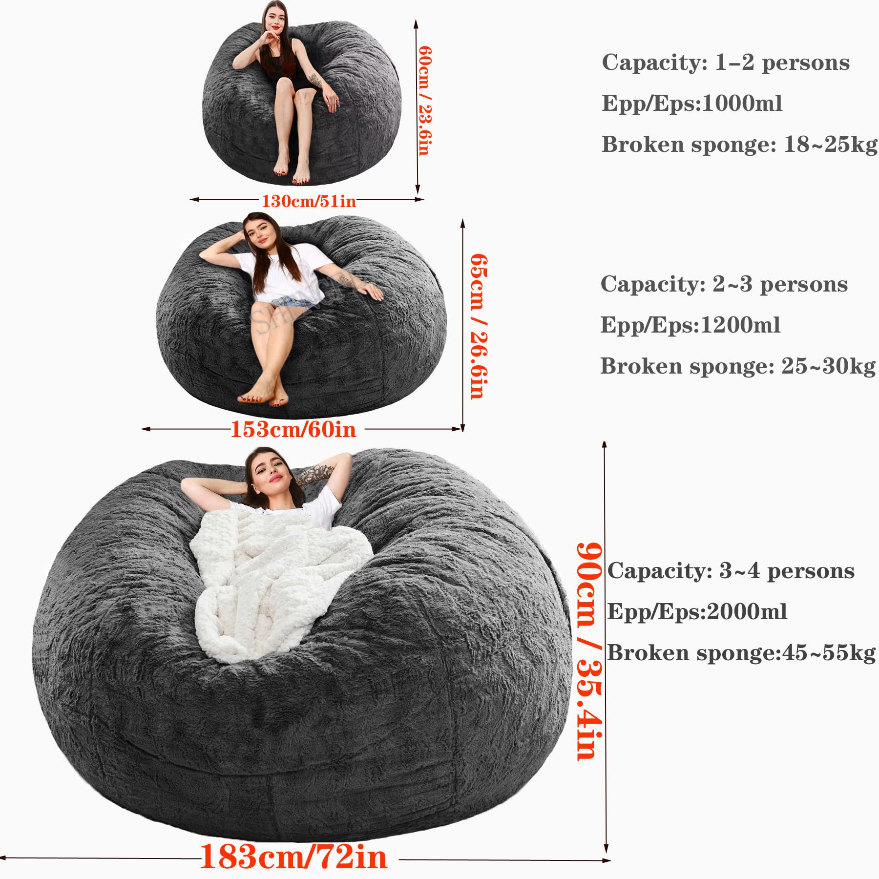 Halatua Bean Bag Sofa Cover (Dark Gray, 6FT(D153*H65cm) ONLY Cover)