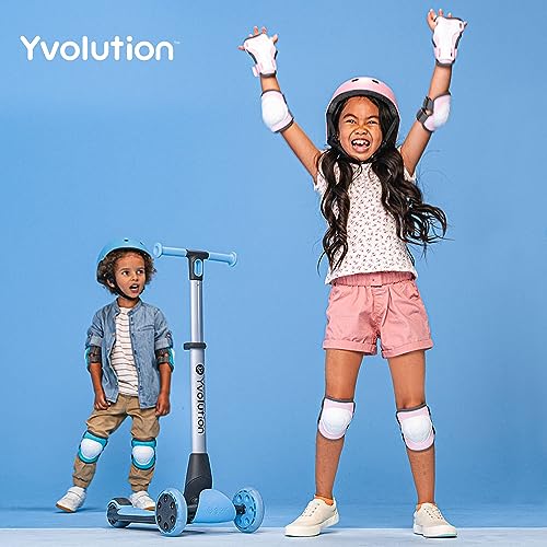 Yvolution Y Glider Nua | Three Wheel Foldable Kick Scooter for Kids with Storage Accessory for Children Ages 3+ Years (Blue)