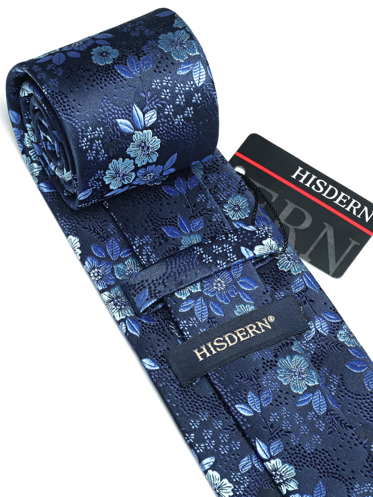 HISDERN Men's Floral Tie Handkerchief Jacquard Woven Classic Men's Necktie & Pocket Square Set,Navy Blue,8.5cm / 3.4 inches in Width