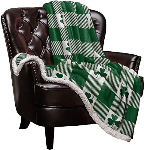 Sherpa Throw Blanket St. Patrick's Day Irish Green Shamrock Clover Super Soft Cozy Warm Luxury Microfiber Blankets Flannel Fleece Plush Quilt Bedspread for Bed Couch Sofa Buffalo Lattice