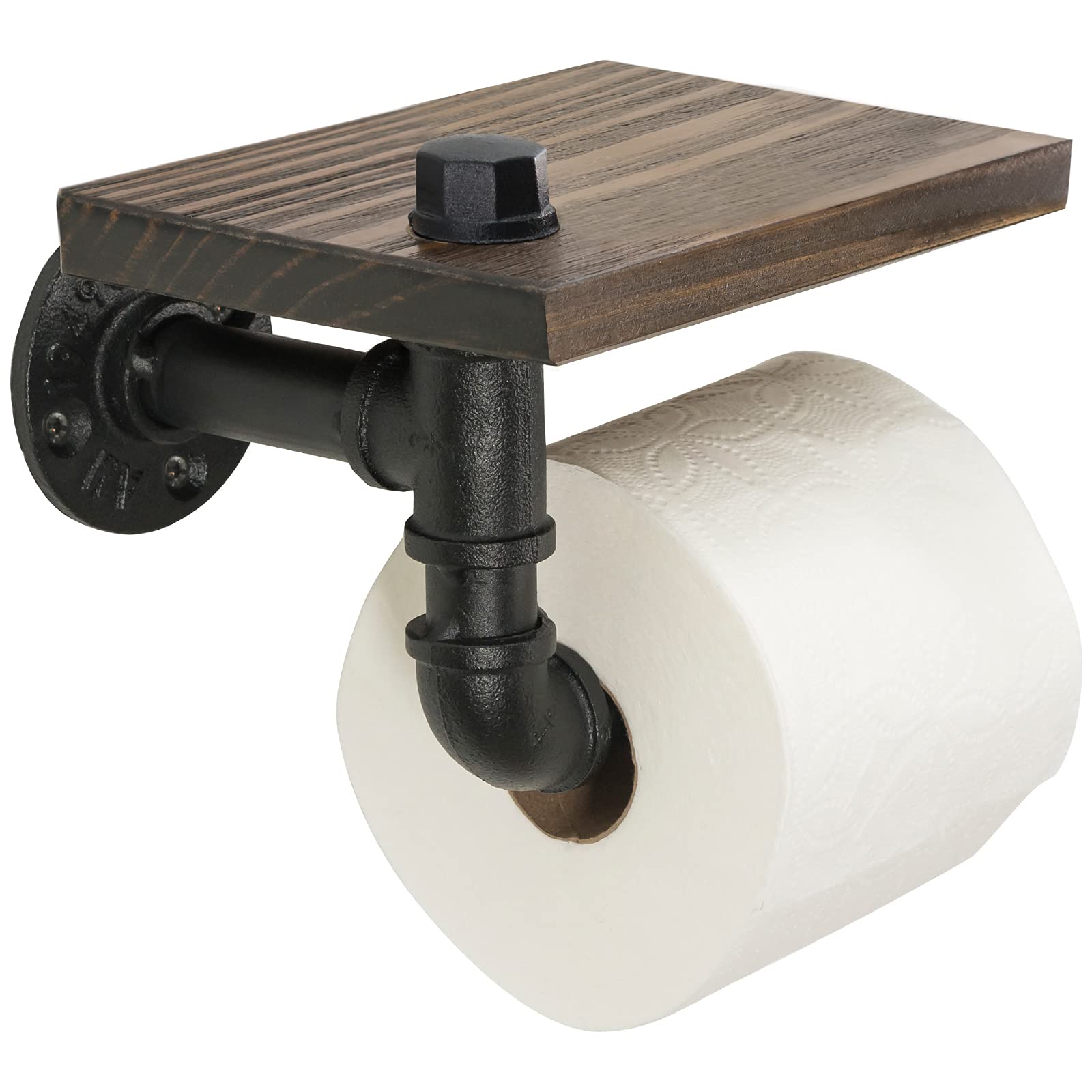 Industrial Toilet Paper Holder with Rustic Wooden Shelf and Cast Iron Pipe