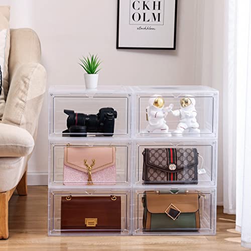 ZLLZUU Purse Storage Organizer for Closet, 6 Pack Plastic Storage Boxes with Acrylic Magnetic Door for Collectibles, Wallet, Cosmetic, Toys (Medium Size Clear Black)
