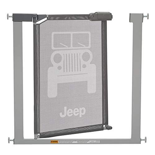 Jeep Adjustable Baby and Pet Safety Gate by Delta Children | Easy Fit | Pressure Mount | Design with WalkThrough Door โ Fits Openings Between 28.5-40 Inches Wide, Grey