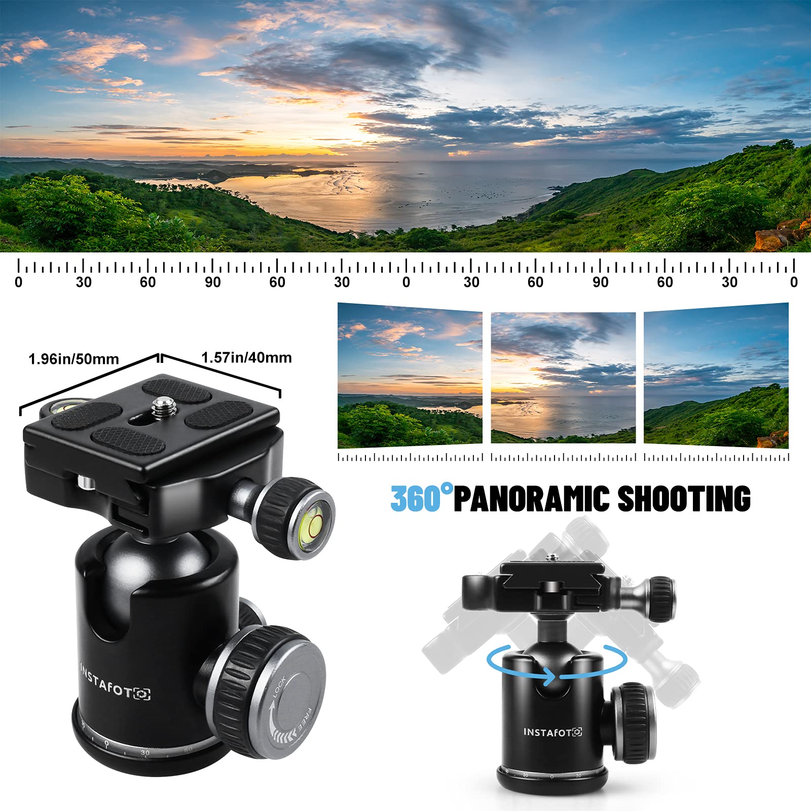 Instafoto 74'' Camera Tripod with Full Aluminum Ball Head, DSLR Tripod for Camera Canon Nikon with Quick-Release Plate, Phone/Tablet Holder & Carry Bag, Max. Load 17.6 lbs/ 8 kg