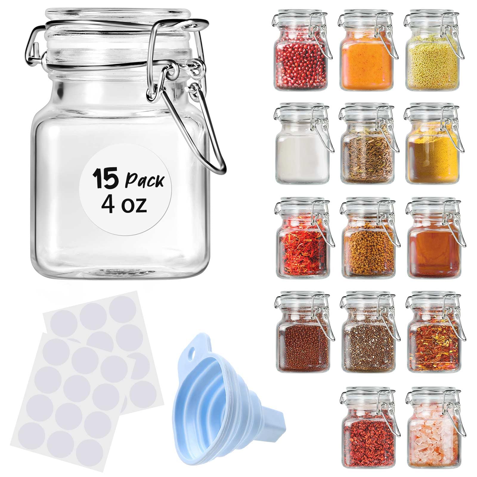 SKOCHE Spice Jars 15 Pack - 4 oz Small Glass Jars with Airtight Hinged Lids, Spice Herb Jars with Labels and Silicone Funnels, 4oz Glass Jars with Lids Ideal for Spice Herbs