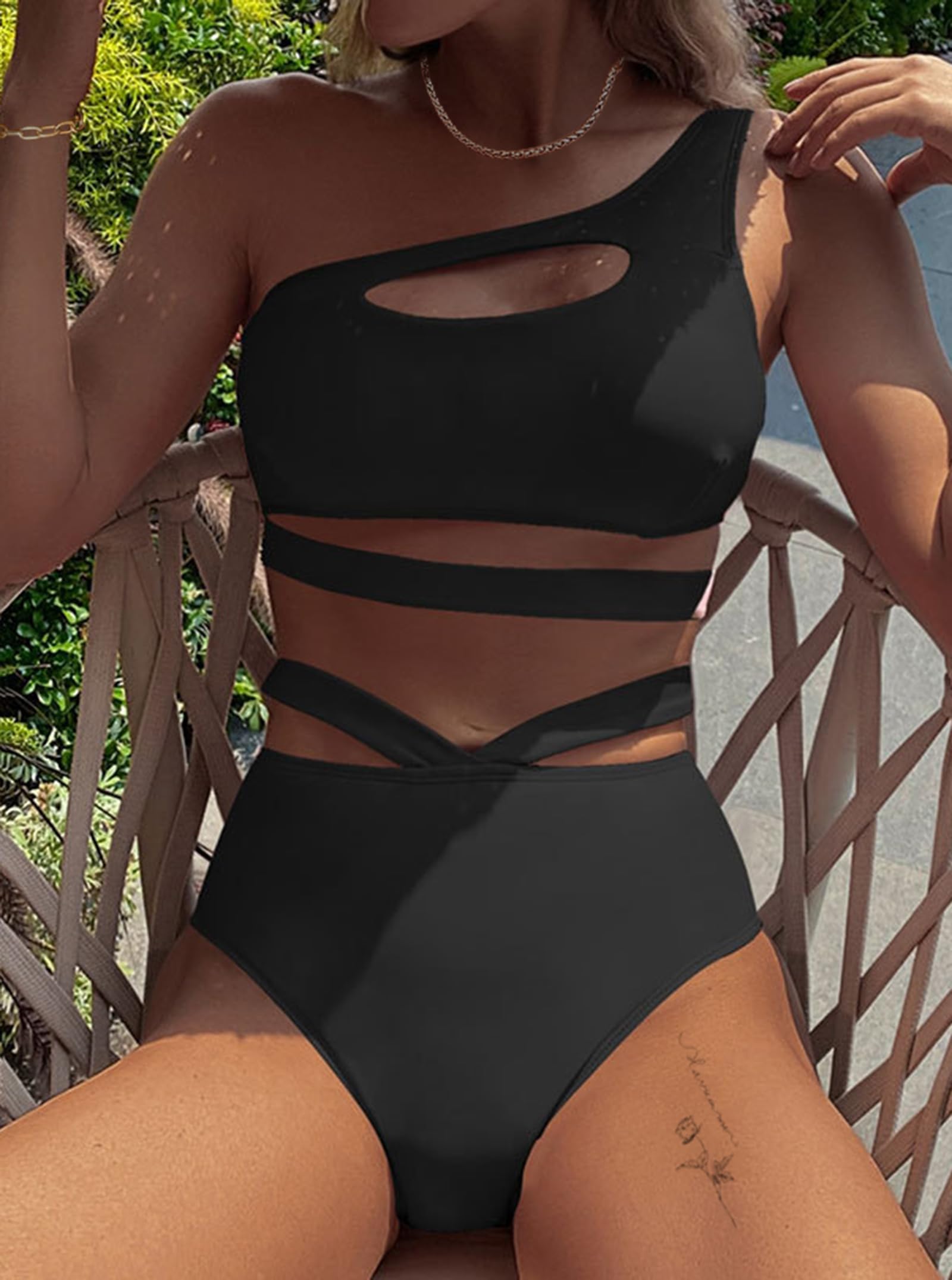 Hilinker Sexy Bikini Set for Women Cut Out One Shoulder High Waisted Swimsuit Black Medium