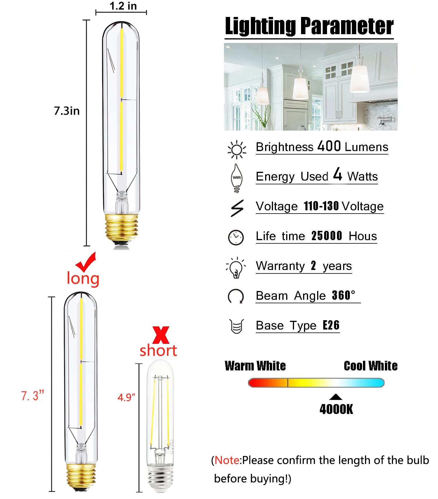 HXMLS Tubular Led Bulbs,T10 LED Bulb 3000K Warm White 4W Equivalent 40W Long Light Bulbs T30 Dimmable Long Tube Edison Led Filament Bulb,E26 Medium Base 400LM,Clear Glass Cover, 7.3in,(3-Pack)
