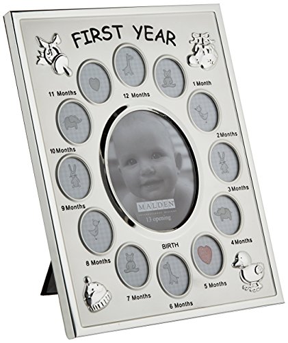 Malden International Designs Baby's First Year Collage Picture Frame, 13 Option, 1-3.5x4, 12-1x1, Silver