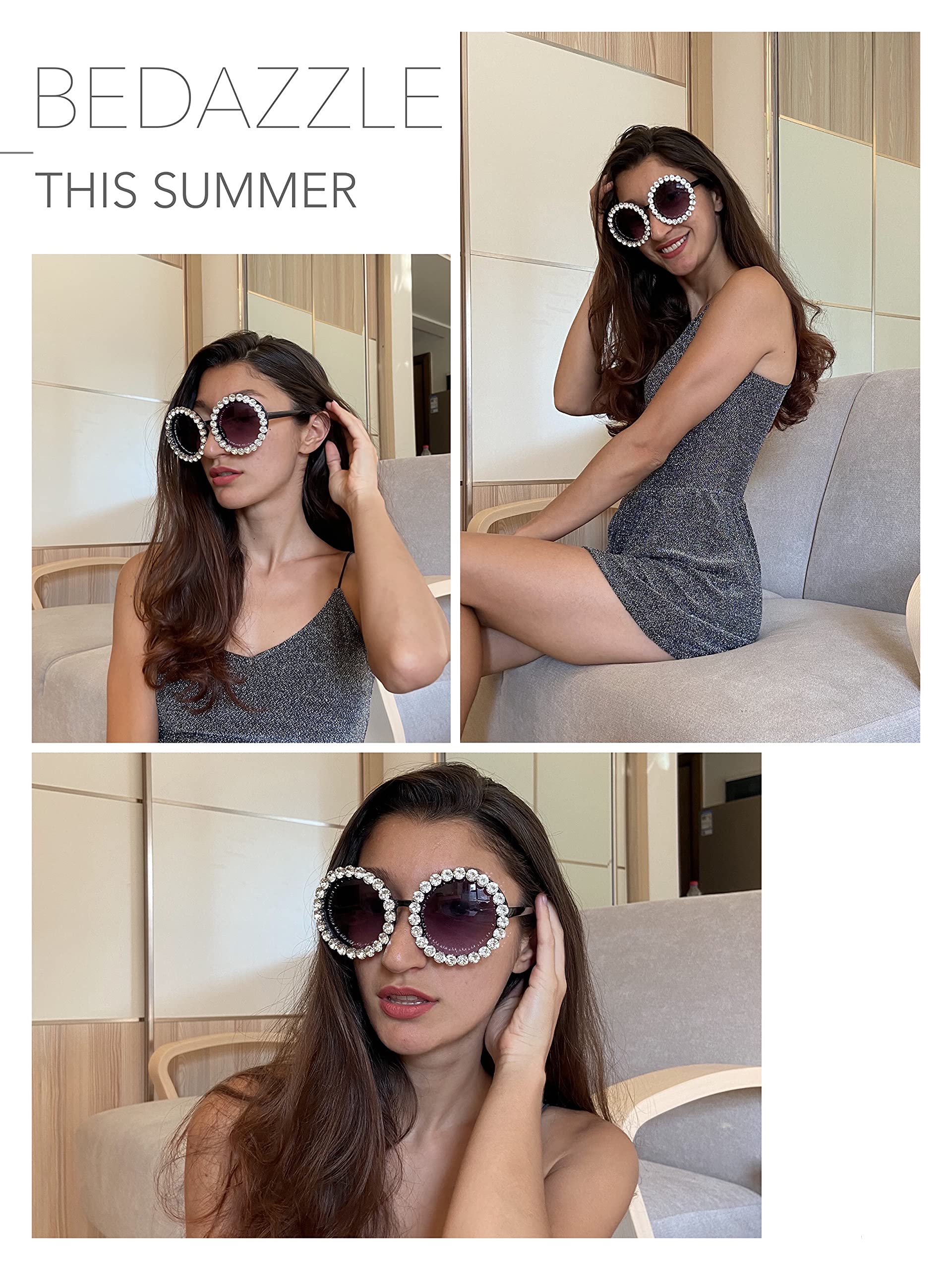 HOUSE PARTY 2K20 Stunning 4-Carat Rhinestone Studded Super Sparkly Sunglasses Elton John Style Round Oversize Deep Violet UV400 Polarized Lenses Onyx Black Frames