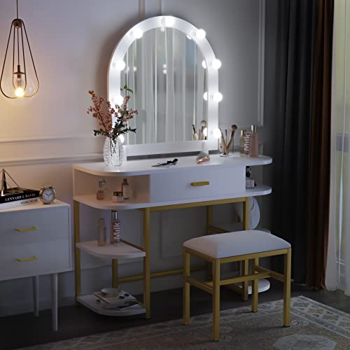 Semiocthome White Vanity Mirror with Lights and Table Set with Drawers, 9 LED Lights Makeup Vanity Desk with Stool, Girls Vanity Table with 6 Shelves, Gold Metal Frame Dressing Table with Chair