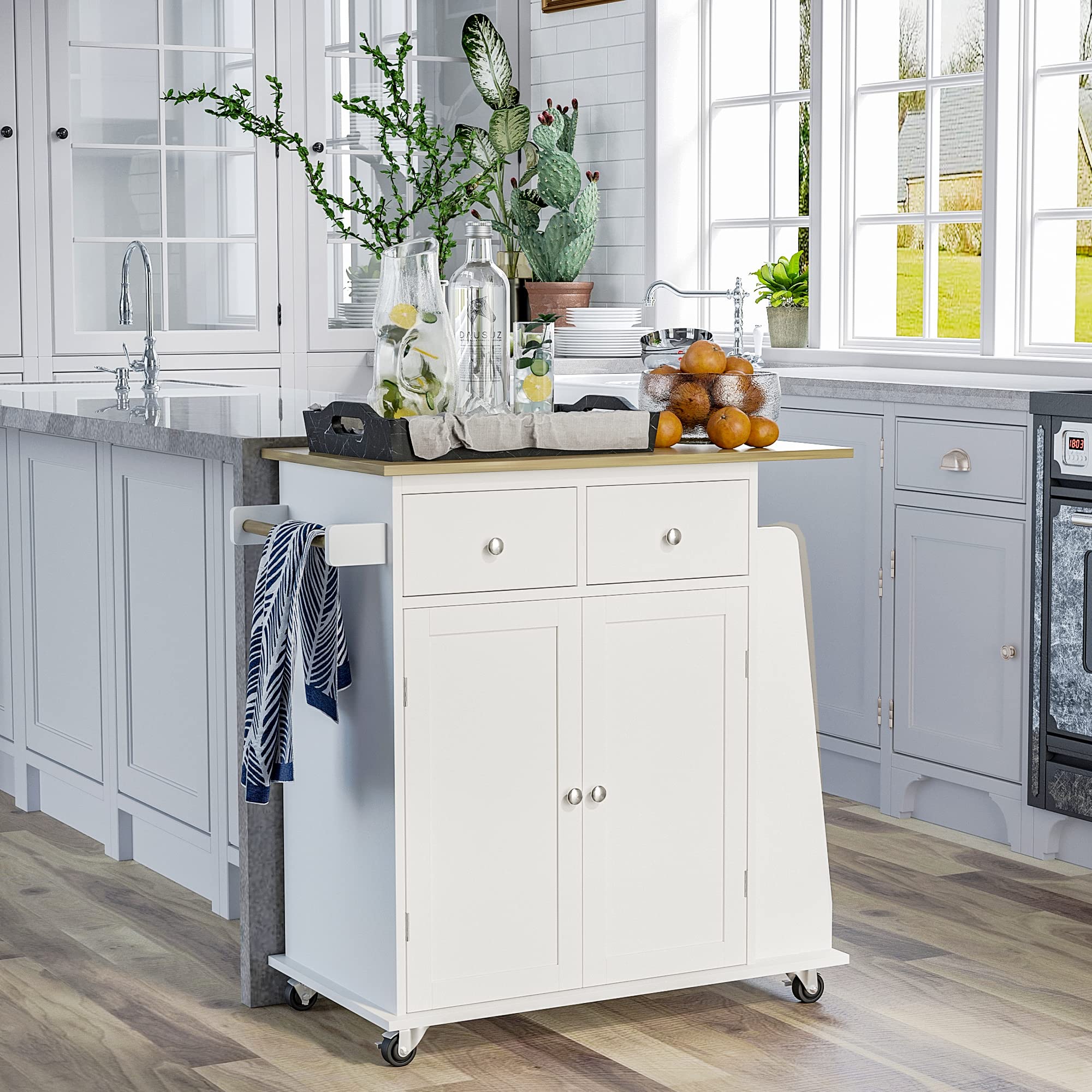 HOMCOM Rolling Kitchen Island Storage Trolley Cart with 3-Tier Spice Rack & Rubber Wood Top for Dining Room