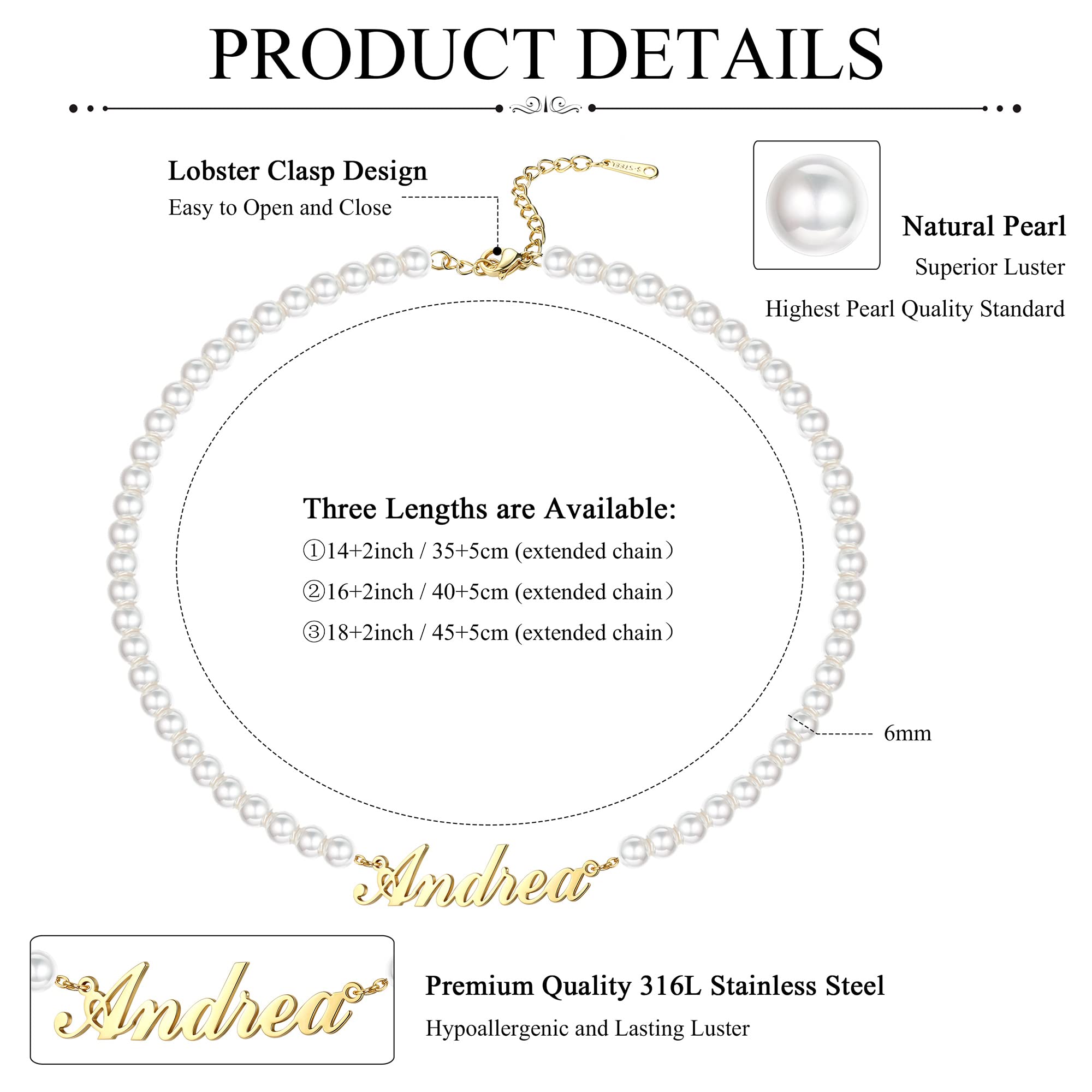 Jewenova Pearl Name Necklace Personalized 18K Gold Plated Nameplate Pearl Choker Necklace Customized Jewelry for Women