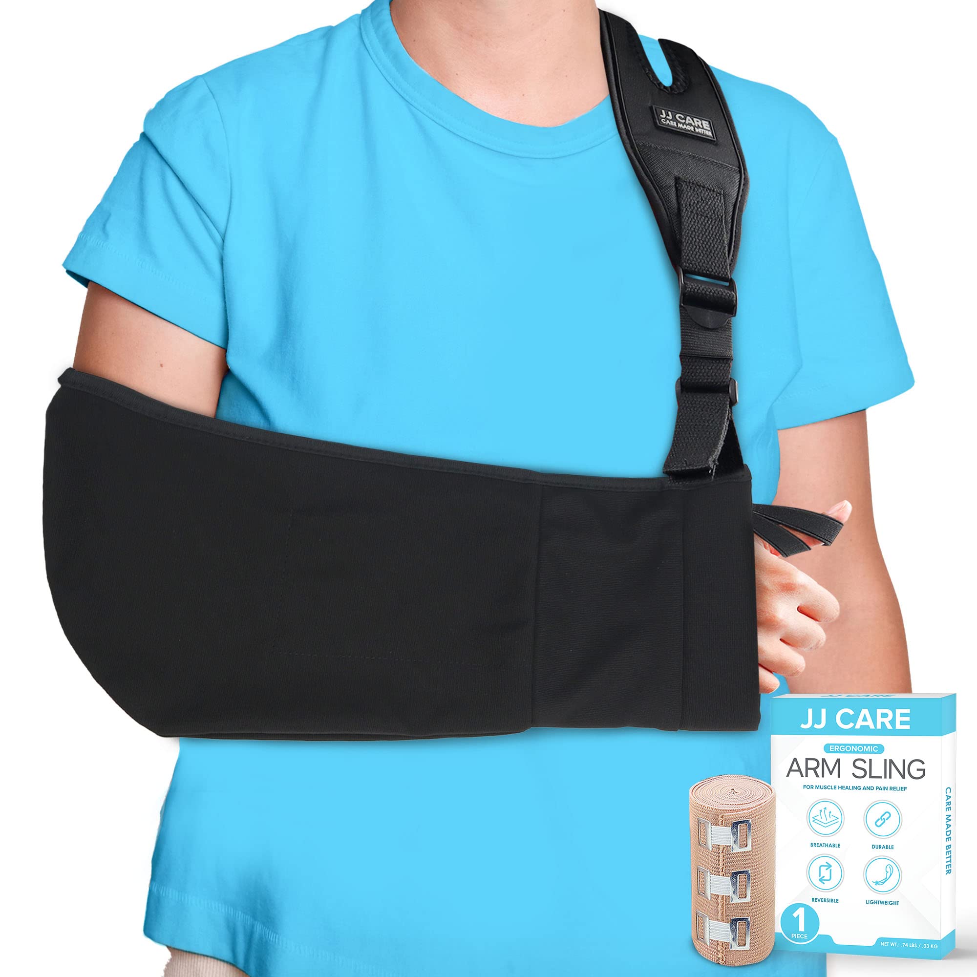 JJ CARE Arm Sling - Left or Right Arm Sling for Elbow, Shoulder Injury w/Quick Release Buckle - Shoulder Immobilizer with Elastic Bandage Wrap, Medical Shoulder Sling For Torn Rotator Cuff