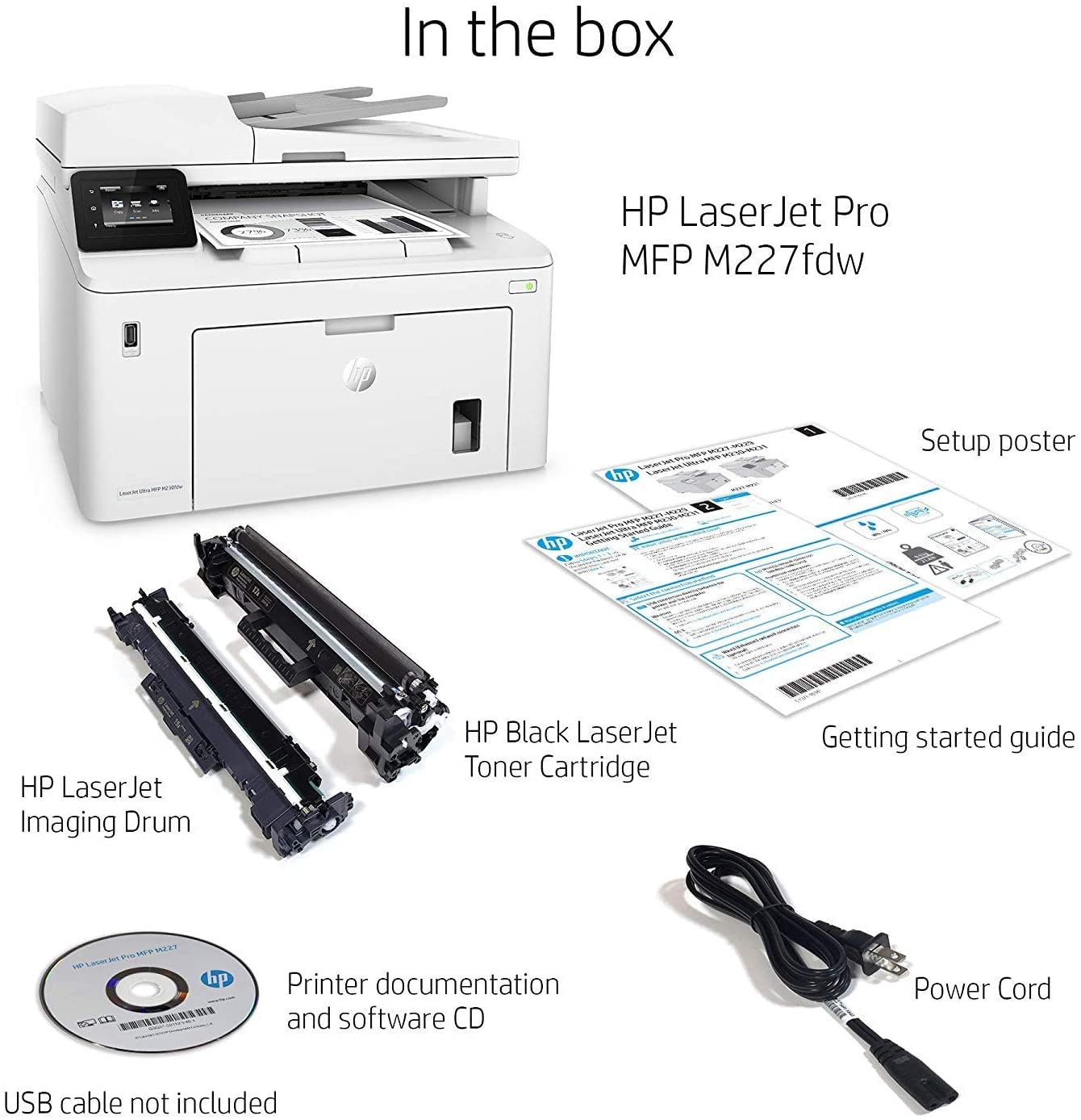 HP Laserjet Pro MFP M227fdw Monochrome Wireless All-in-One Laser Printer, 2.7" Color Touchscreen Display, Copy & Scan & Fax, 30 ppm, 1200x1200 dpi, Duplex & Mobile Printing, PC Mall USB Printer Cable