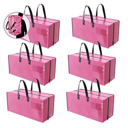 WORKPRO 6 Pack Extra Large Moving Bags with Zippers & Carrying Handles Backpack Straps, Heavy-Duty Storage Tote for Space Saving Moving Storage - Pink