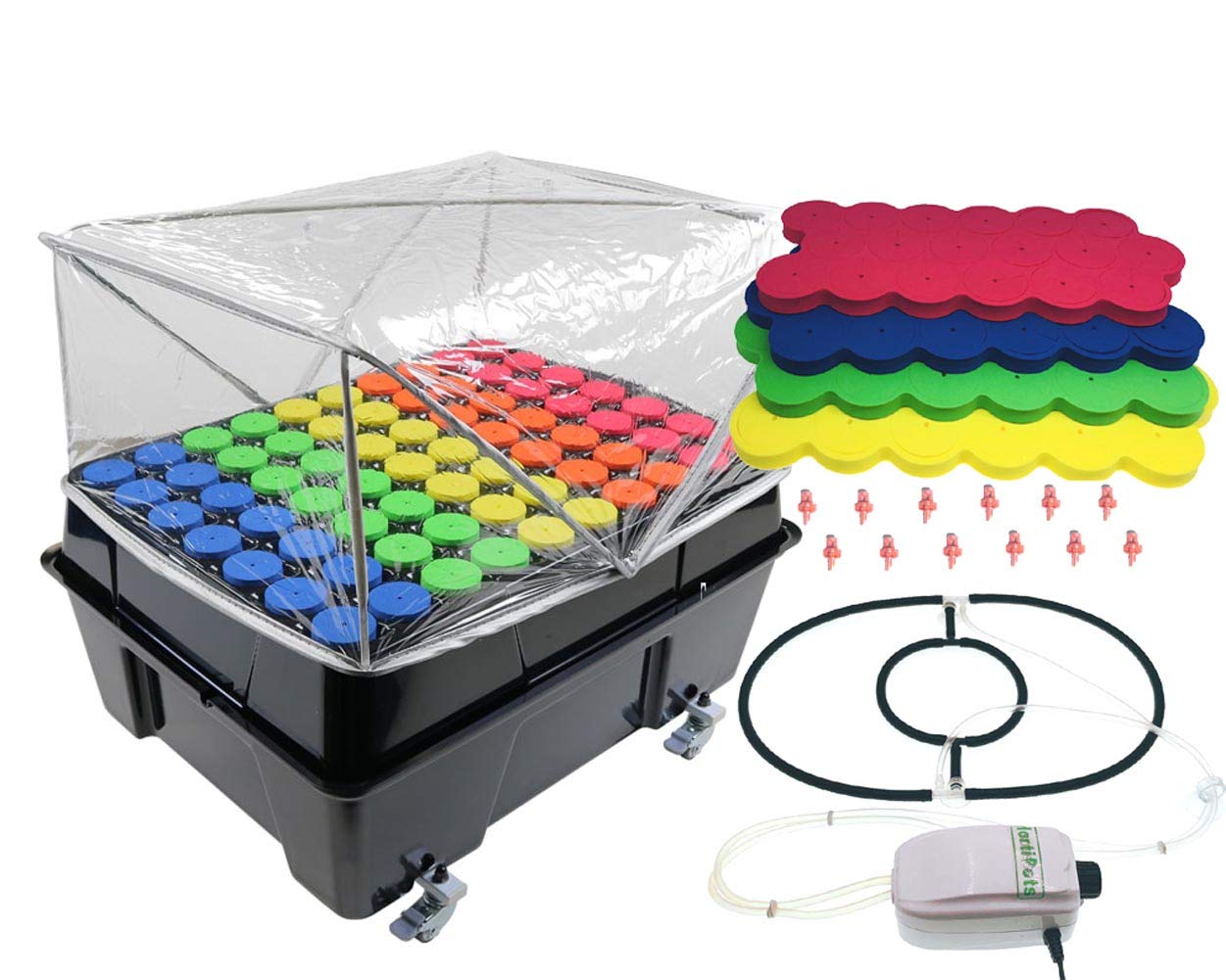 HORTIPOTS Plant Cloning Machine 70 site with Oxygen Bubbler Kit and Extra 1.625 inch 4-Color-Mixed Neoprene Clone Collars Pack of 72