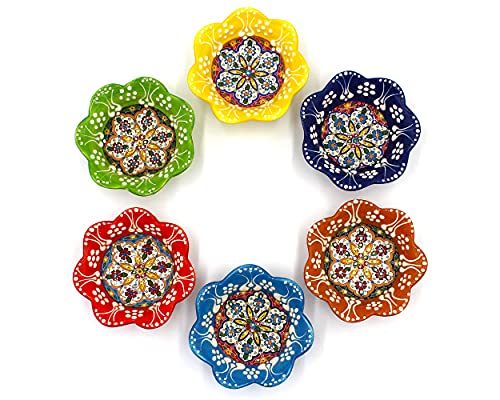 Silver Craft 6 Pcs Daisy Shaped Hand Painted Decorative Serving Turkish Tiny Bowls - Handmade Ceramic Bowl - Set of 6 (3.7 inc/9.5cm) 2.5 Oz Pinch Multicolor Small Serving Bowls - Best Gift Set