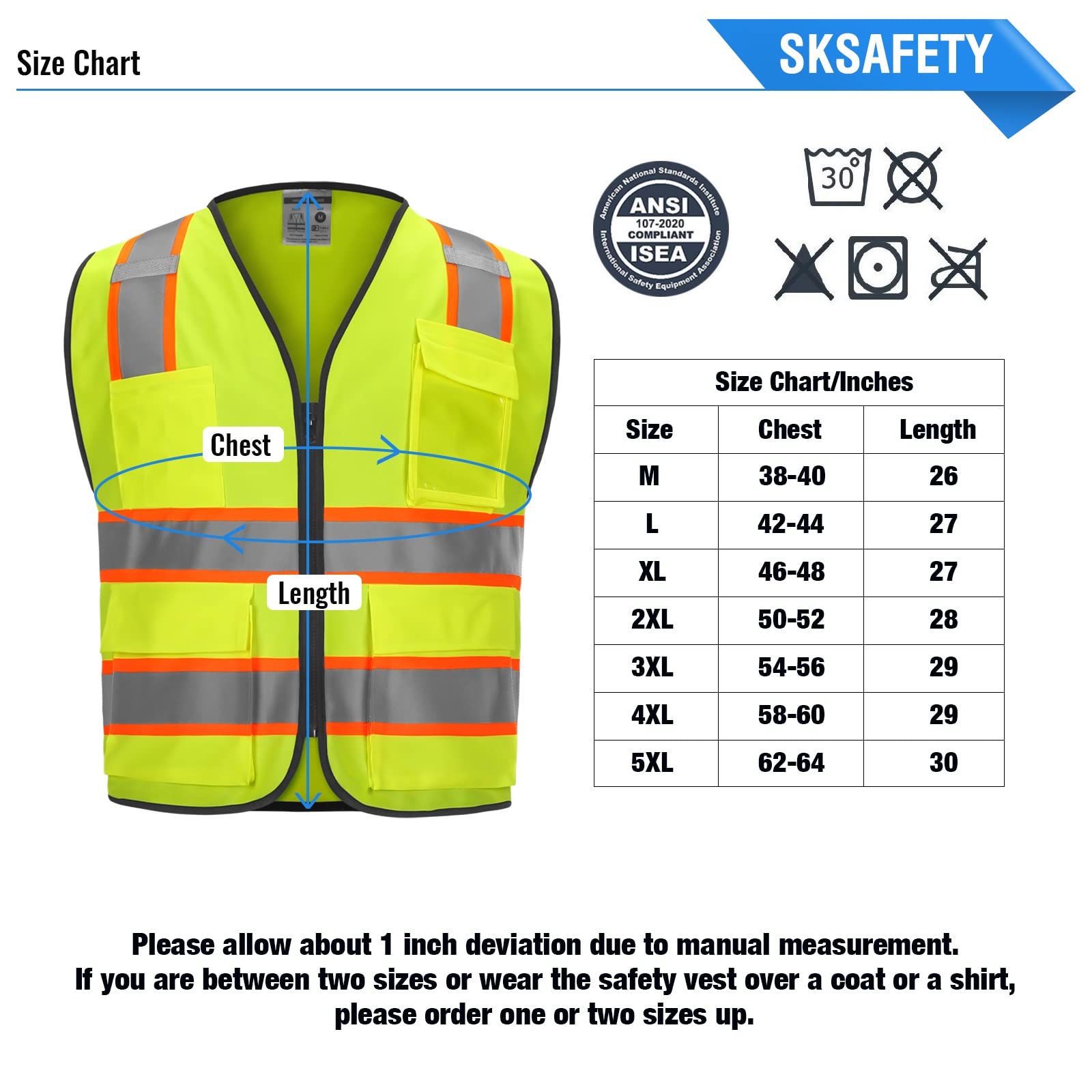 SKSAFETY 9 Pockets Safety Vest, Class 2 Classic models High Visibility Security with Zipper, Hi Vis Vest with Reflective Strips, ANSI/ISEA Standard, Construction Work Vest for Men & Women (Lime, XL)