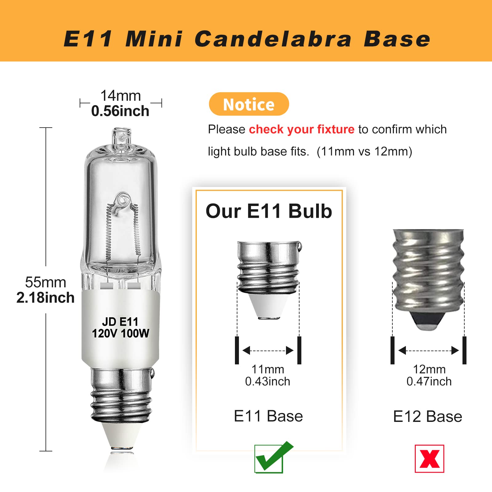 Jaenmsa E11 Bulb, 6 Pack JDE11 120V 100W Halogen Light Bulb, Dimmable JDE11 Bulb T4 Mini Candelabra Base for Chandeliers, Pendants, Table Lamps, Cabinet Lighting, 2700K Warm White(6 Pack)