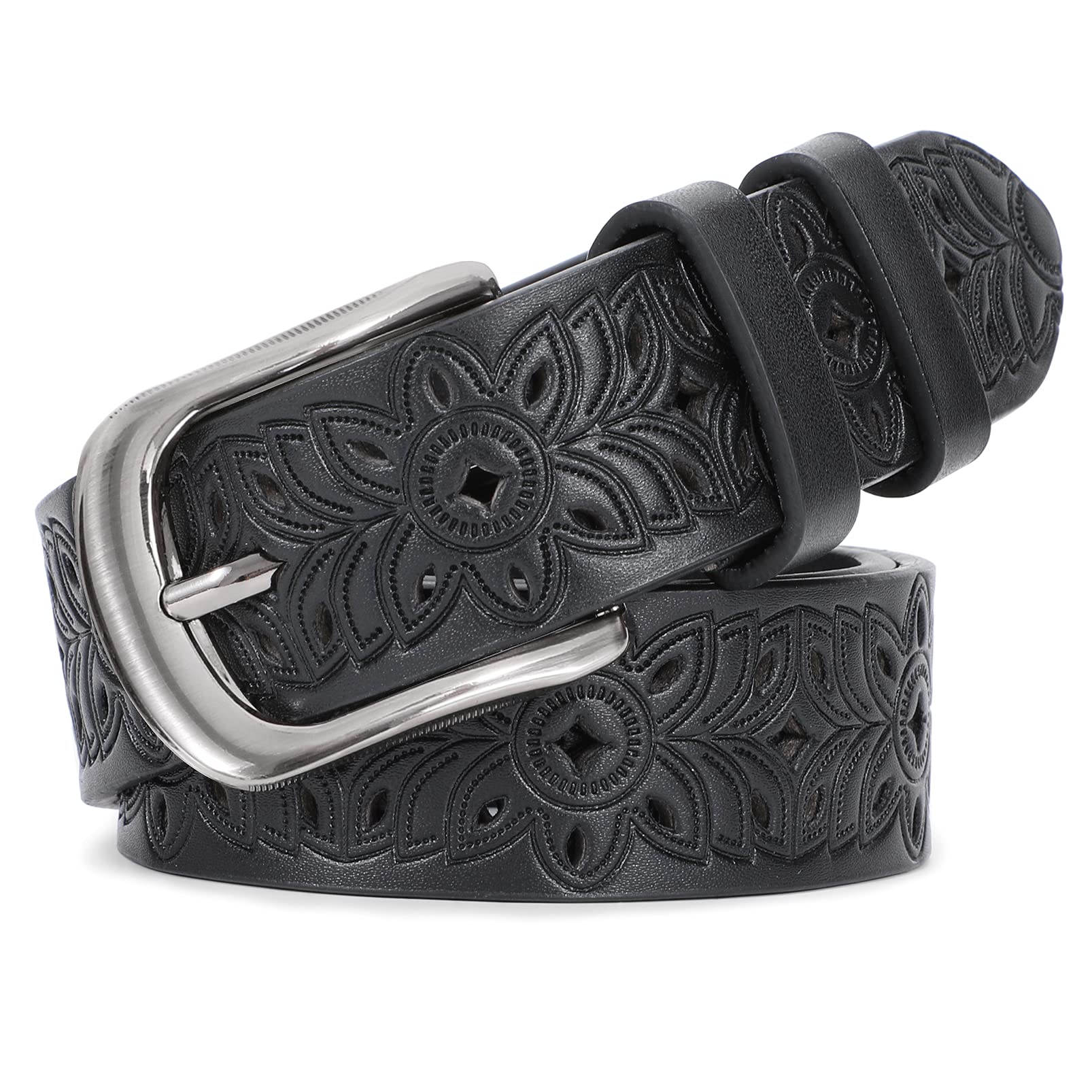 JASGOOD Hollow Leather Belt for Women, Wide Leather Belt for Jeans Pants with Pin Buckle