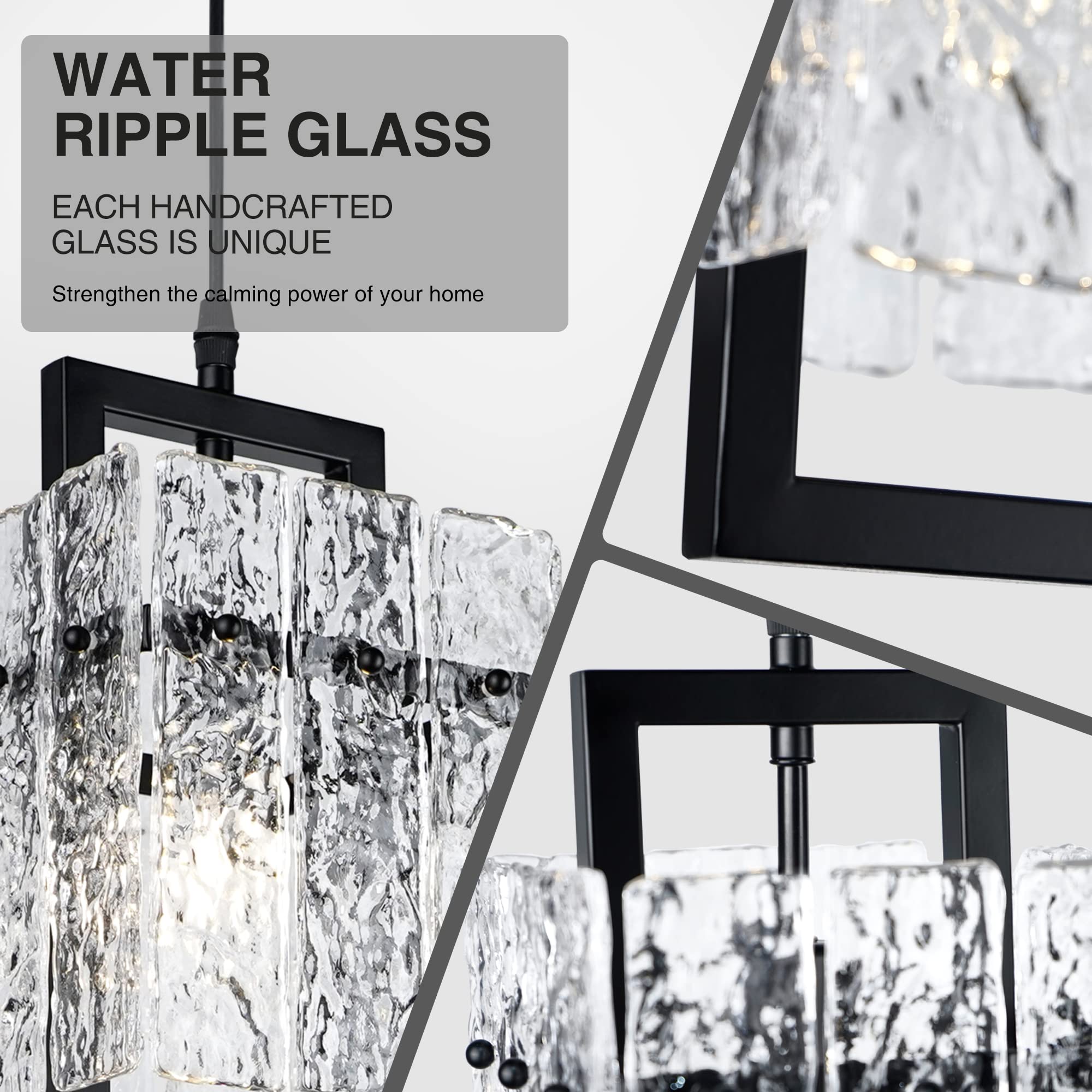 IKK Black Crystal Pendant Light for Kitchen Island, Luxury Water Ripple Glass Chandelier Lights Fixture, Modern Elegant Adjustable Pendant Lighting for Dining Room Bedroom, E12 Bulb, L6.5'' x H11.8''
