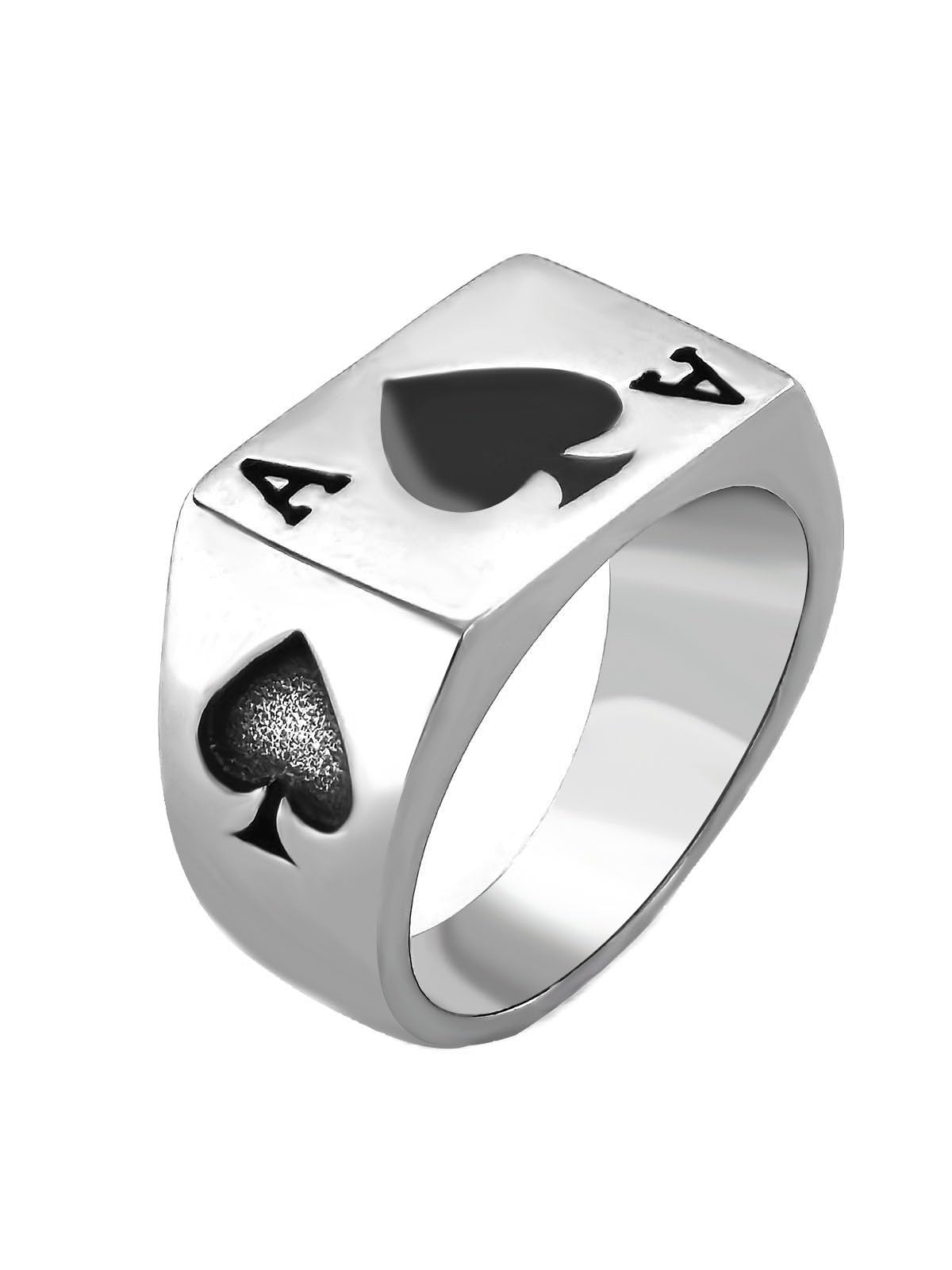 JAJAFOOK Biker Ring Mens Womens Solid Polished Stainless Steel Signet Ring Poker Spade Ace Silver Black Size 5