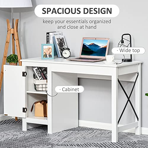 HOMCOM Home Office Computer Desk with Lower Storage Cabinet and X Bar Metal Frame, White
