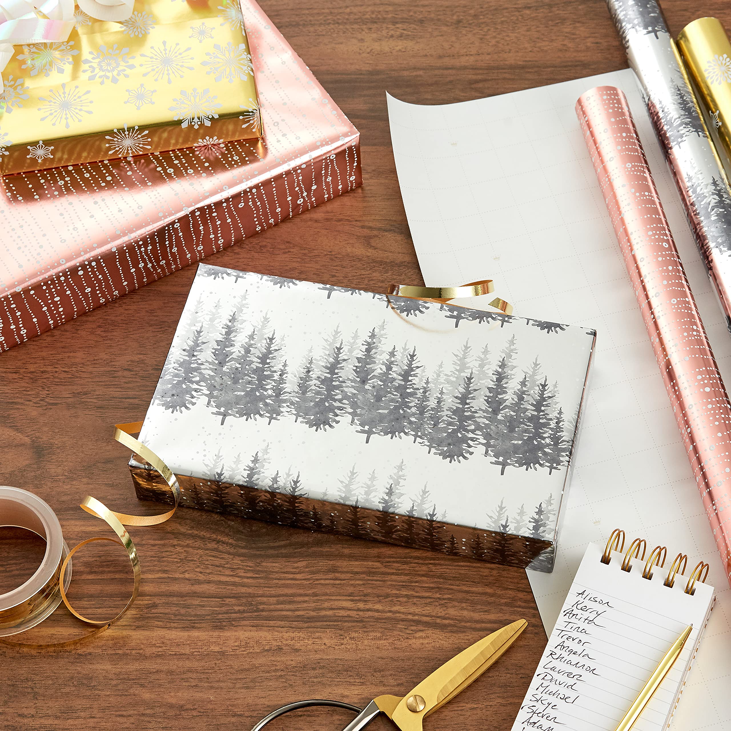 Hallmark Foil Wrapping Paper with Cut Lines on Reverse (3 Rolls: 60 Sq. Ft. Ttl) Rose Gold, Silver Trees, Gold Snowflakes for Winter Weddings, Graduations, Valentine's Day