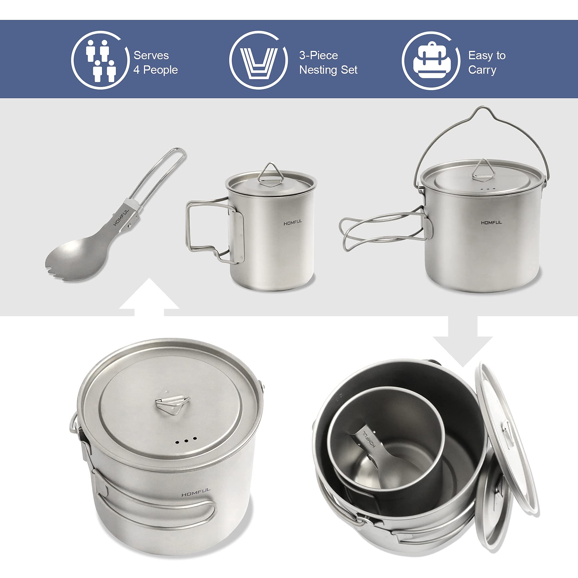 HOMFUL Camping Cookware Titanium Cooking Set,1100ML 420ML Camping Pots Cup Mug,Titanium Spork with Mesh Bag for Backpacking Hiking Picnic