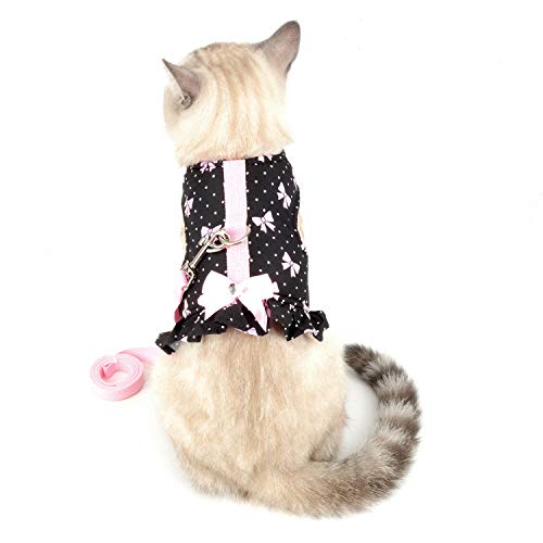 Zunea No Pull Small Dog Girl Harness Dress Escape Proof Cat Kitten Vest Harness Leash Set Step-in Soft Cotton Padded Polka Dot Jacket Chihuahua Puppy Clothes with Cute Bow for Walking Black M
