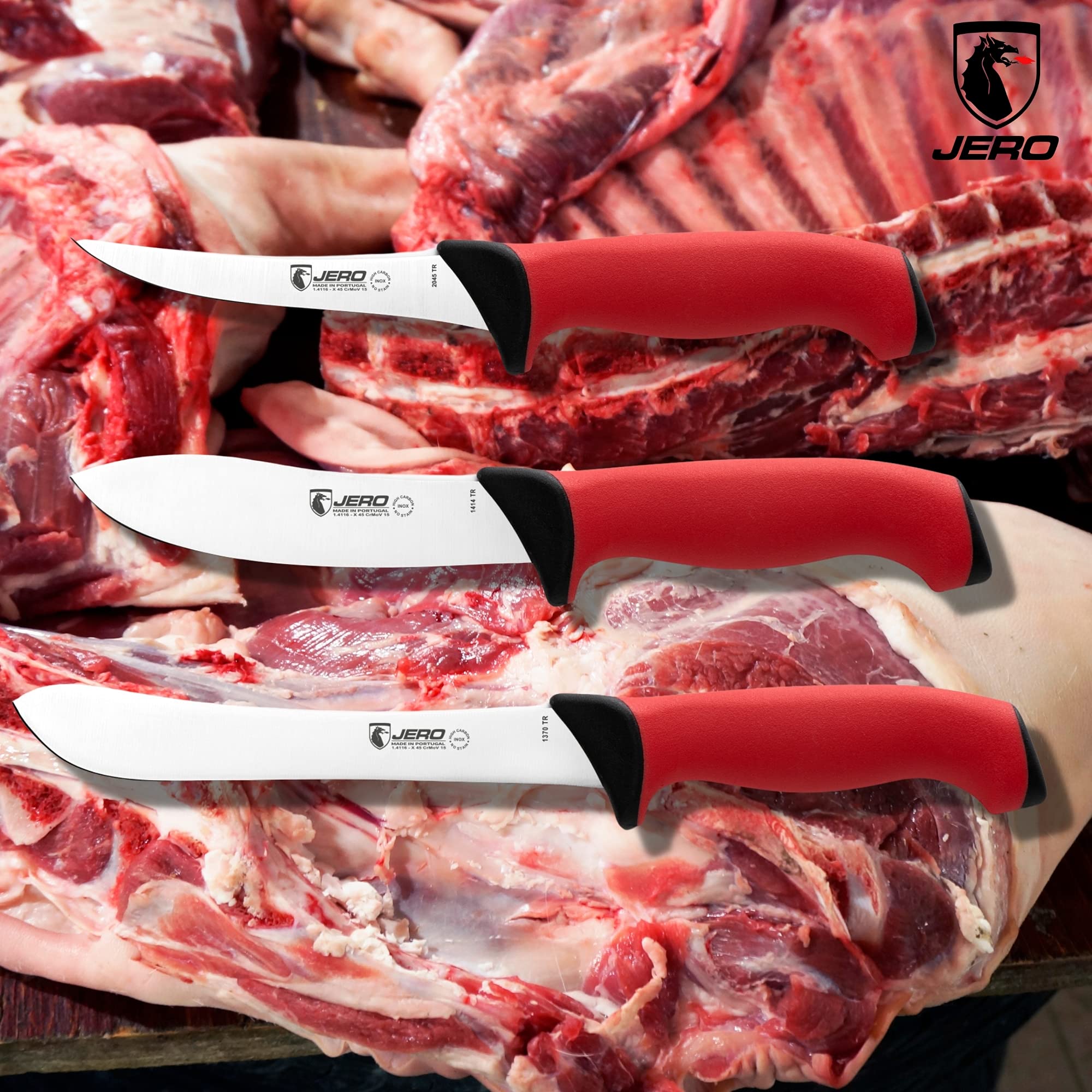 Jero Hunters Knife Set With Soft Grip Handles - 3 Piece Set Includes Deer Skinner, Narrow Butcher Knife And Curved Boning Knife - Perfect Camp Set