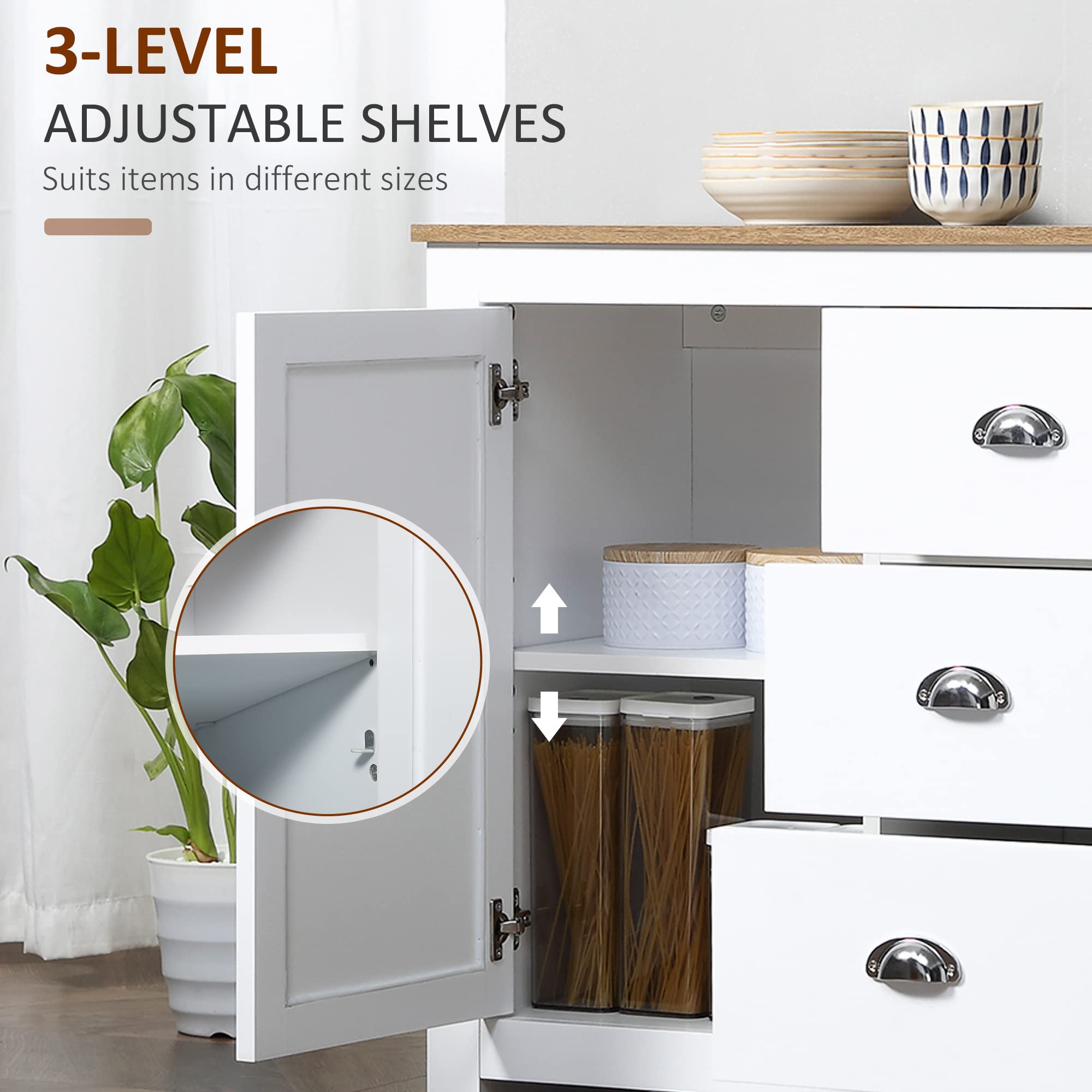 HOMCOM Kitchen Sideboard with Adjustable Shelves, Buffet Cabinet, Coffee Bar Cabinet with 3 Storage Drawers, White