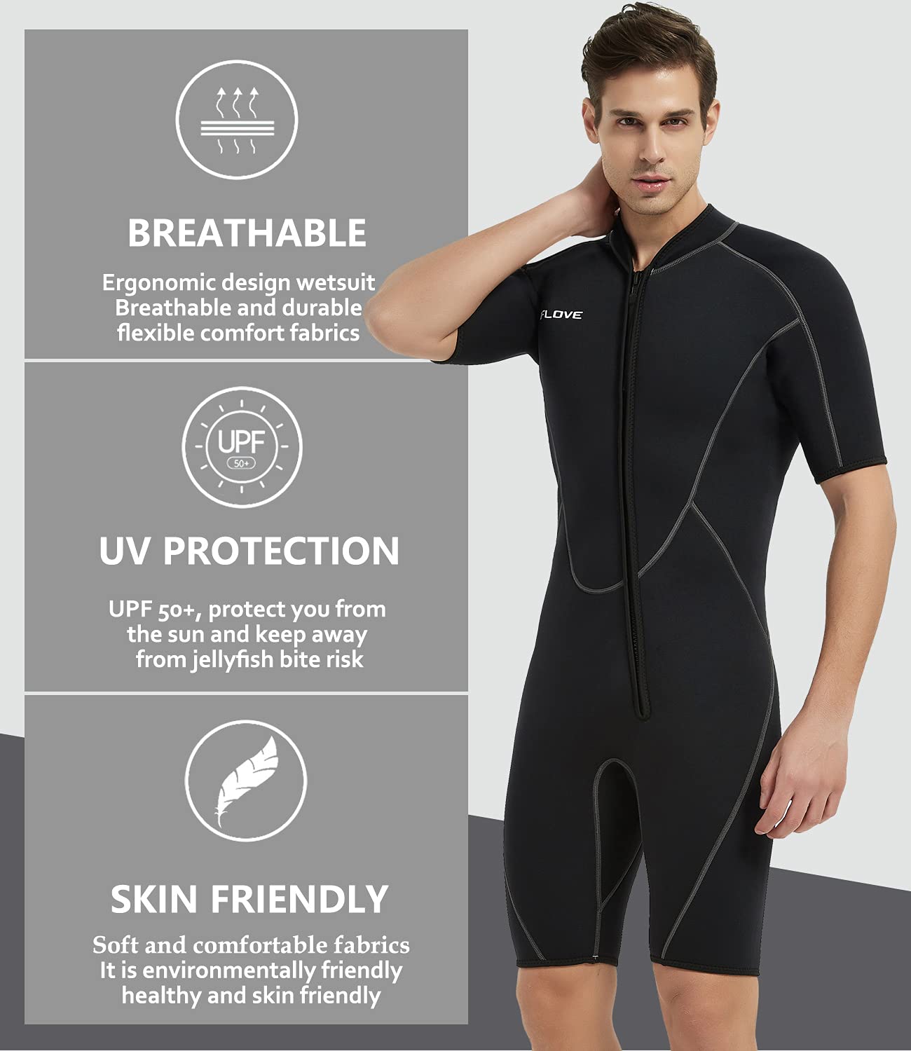 IFLOVE 3mm Shorty Wetsuit for Men Neoprene Diving Suit Front Zip Wetsuit for Diving Snorkeling Surfing, Medium