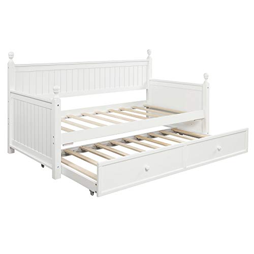 Solid Pine Wood Twin Size Daybed Frame - Used as Sofa or Bed, Ideal for Small Spaces with Trundle - Concise and Modern Appearance - with Square Posts and Wide Boards - Easy to Assemble - White