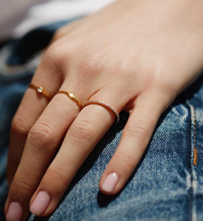 Kainier 1mm 14K Gold Plated Rings Stackable Arc Slim Signet Rings Thin Plain Statement Band for Women Pointer Finger Classic Ring Comfort Fit Size 5 to 10
