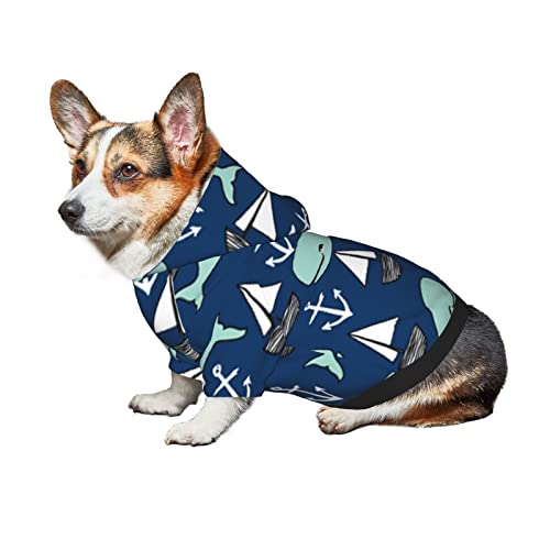Small Pet Sweaters with Hat Nautical Whale Fish Wheel Anchor Cat Puppy Hoodie Pet Hooded Coat X-Large